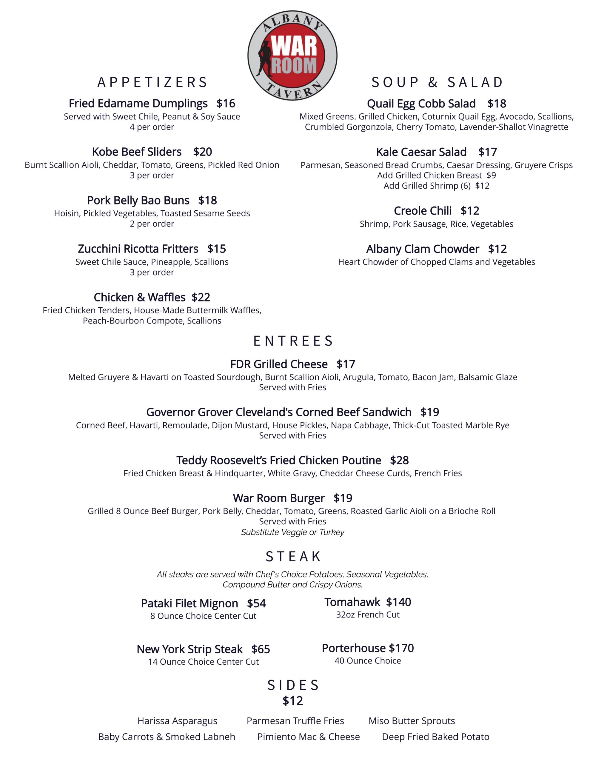 Menu - Albany War Room Tavern