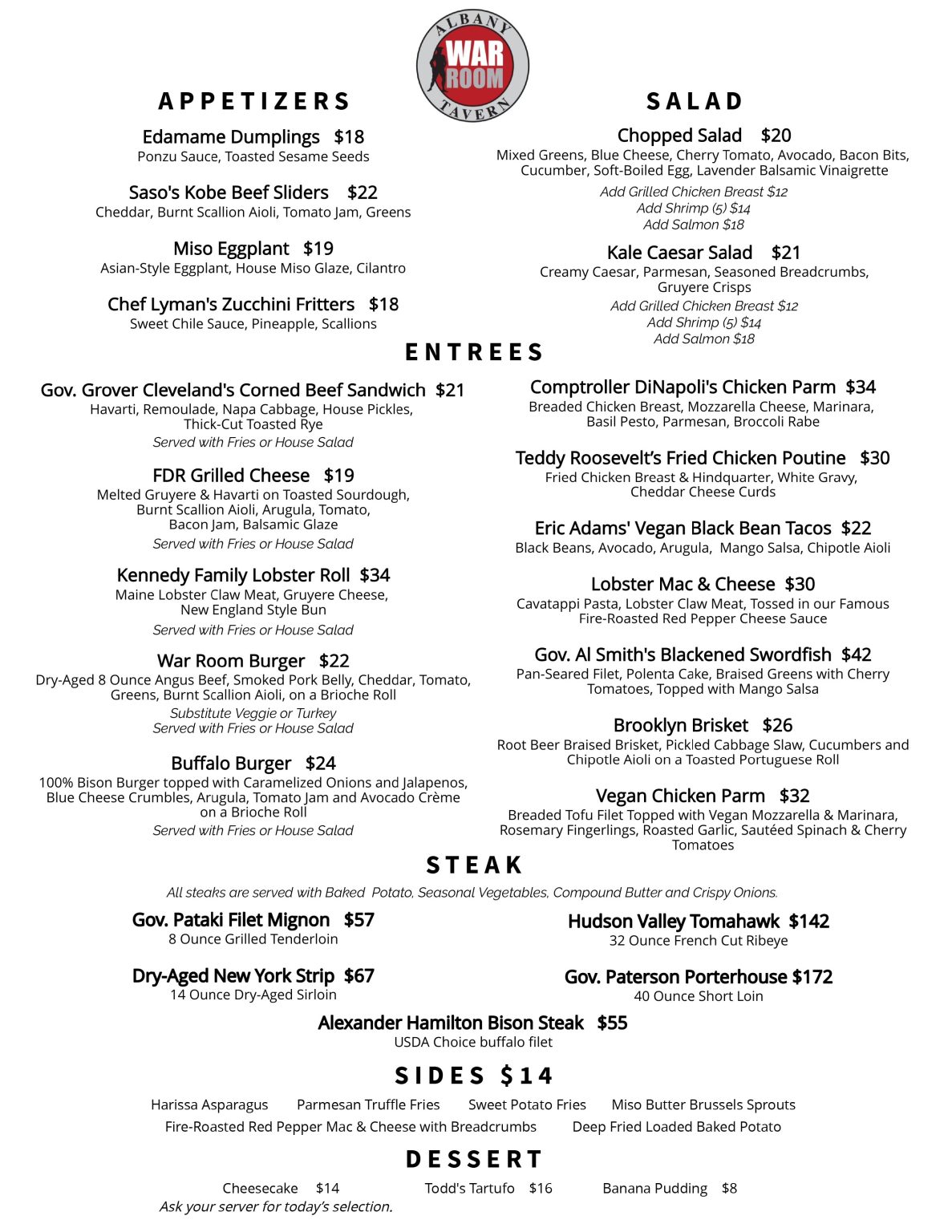 Menu - Albany War Room Tavern